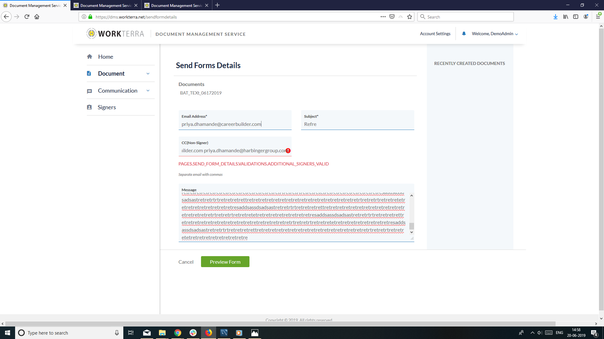 Dms 1536 Dms Send Forms Email Address Cc Multiple Email Address Shows Validation